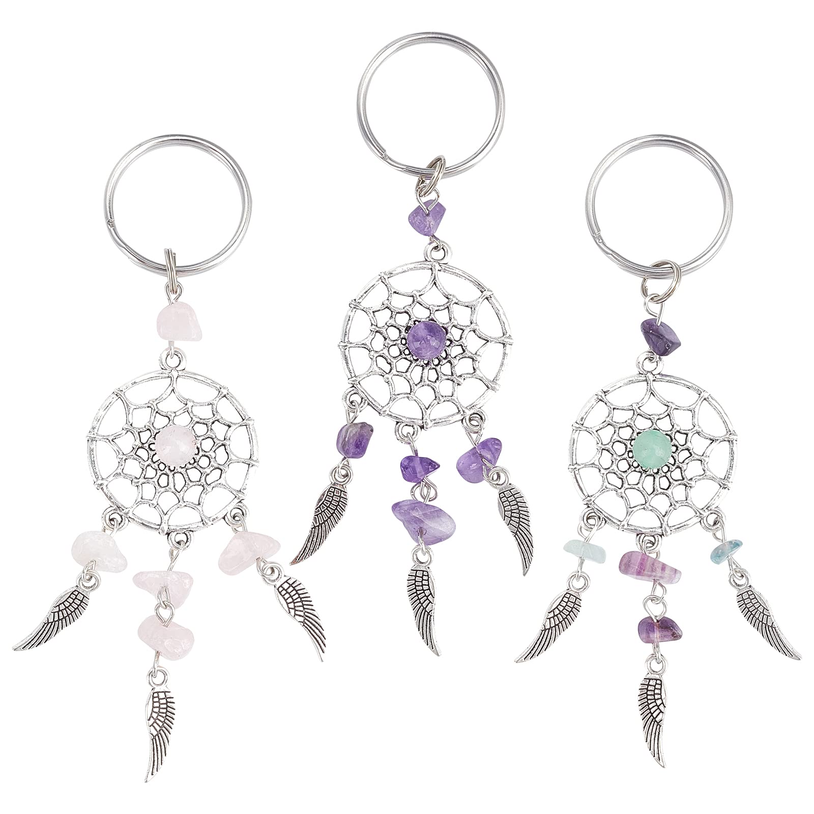 PH PandaHall 12pcs Dream Catcher Keychain, 3 Color Gemstone Crystal Key Chains Natural Chip Feather Key Chain Dreamcatcher Keyring Boho Lucky Decor for Easter Car Bag Home Hanging Ornaments Pendant