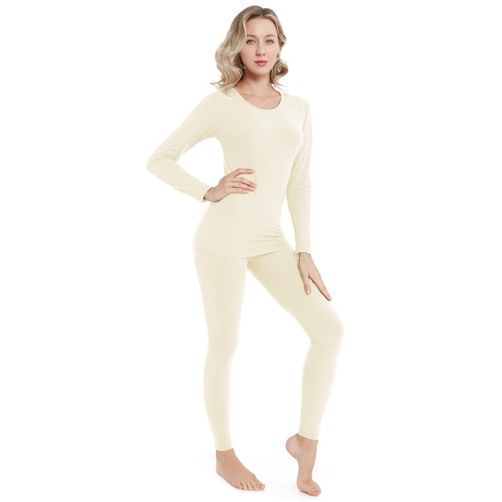 qingduomao Women's Thermal Underwear Set Ultra-Soft Top & Bottom Ski Base Layer Lightweight Long Johns, White XL
