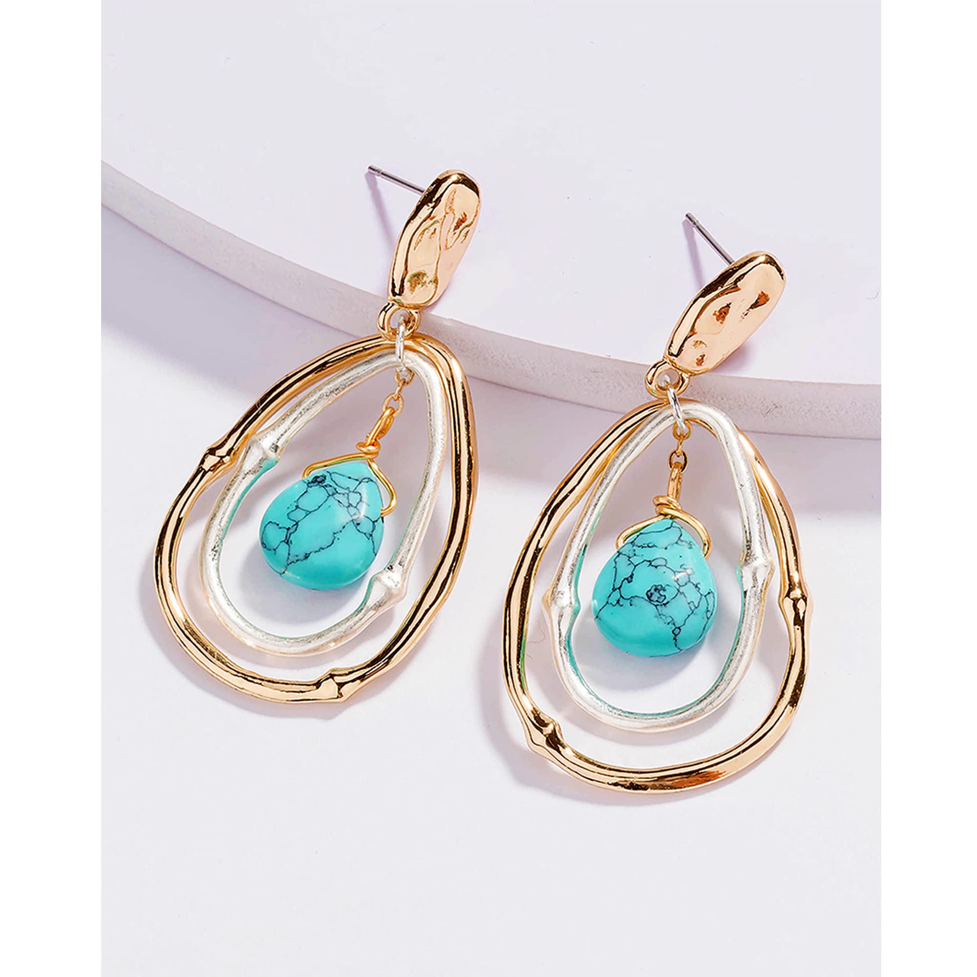 Turquoise Gold Hoop Earrings for Women,Turquoise Large Oval Drop Dangle Western Stylish Silver Earrings Jewelry