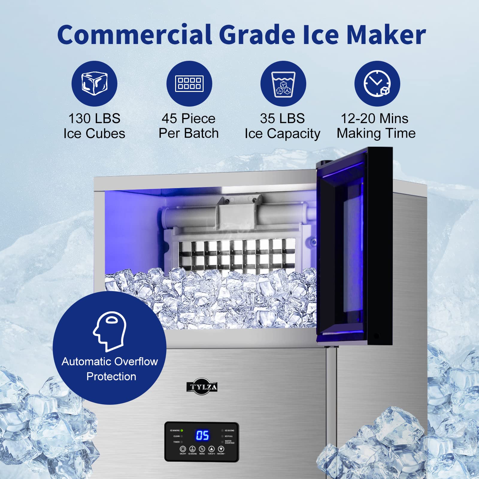TYLZA Commercial Ice Maker 160 LBS/24H, 15" Wide Under Counter Ice Maker with 35LBS Ice Storage Capacity, Commercial Ice Machine Self Clean Stainless Steel Built-in or Freestanding Large Ice Machine