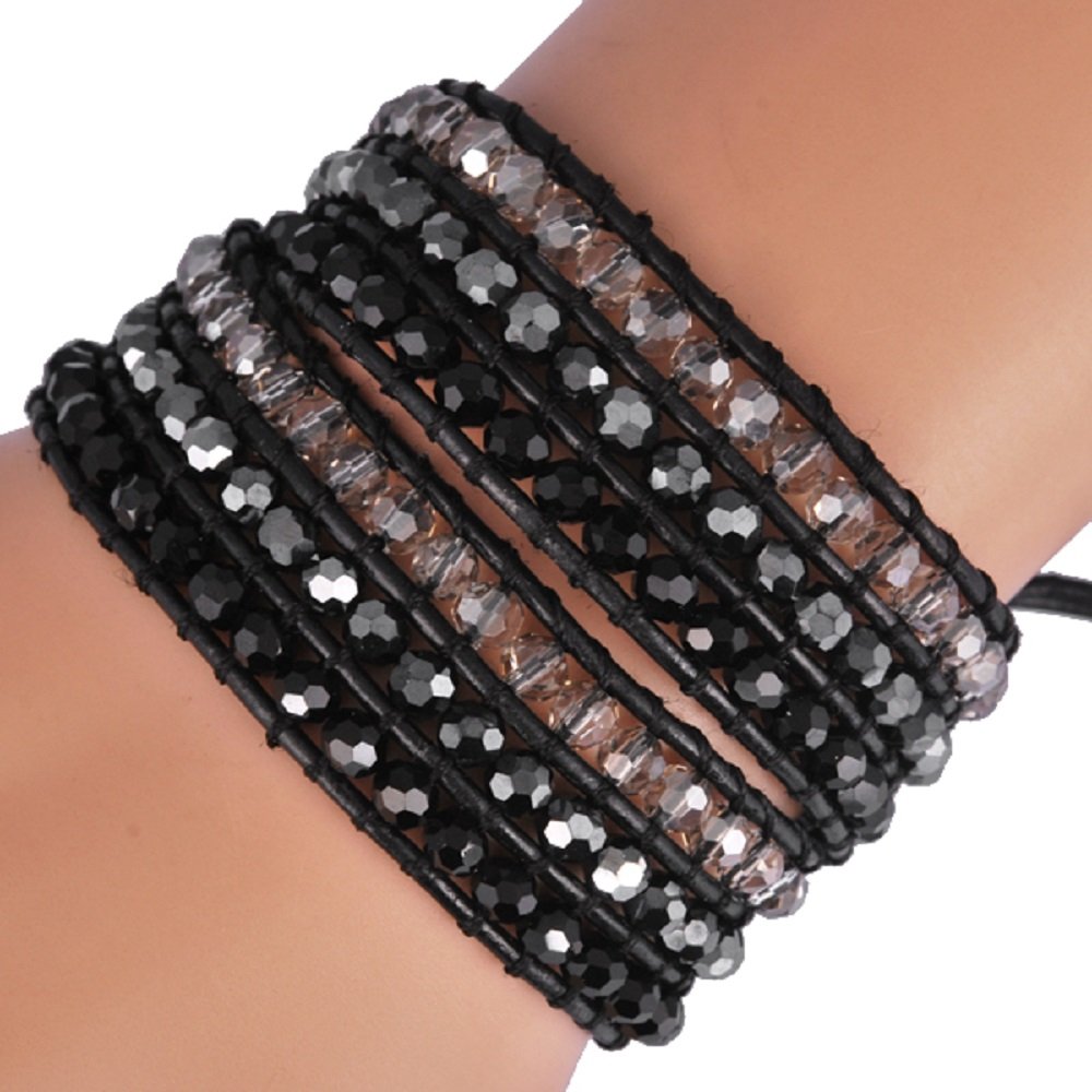 New! Genuine Leather Bracelet Multi Colors Beads Wrap Bracelet Nice Gift! (2 Wraps, facet rhinestone)