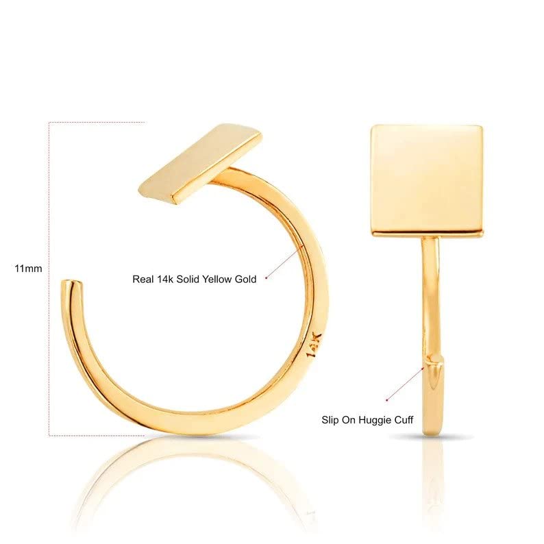 Simple Square Mini Slip On Huggie Cuff - Solid 14K Yellow Gold Earrings - Dainty Ear Cuff 11 mm bar