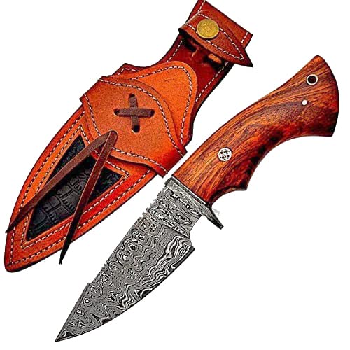 The Blade Point Damascus Hunting Fixed Blade Knife – 10.7” EDC Custom Handmade Knives, Bushcraft Outdoor Survival Camping Bowie Knife, Walnut Wood Handle with Leather Sheath