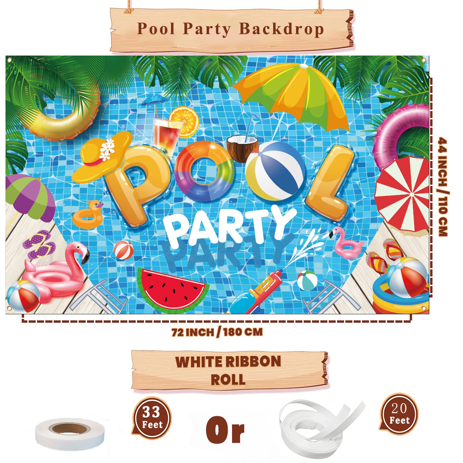 Summer Beach Party Decorations, Pool Banner Backdrop for Kids Summer Pool Party Decorations Supplies, 72x43 inch