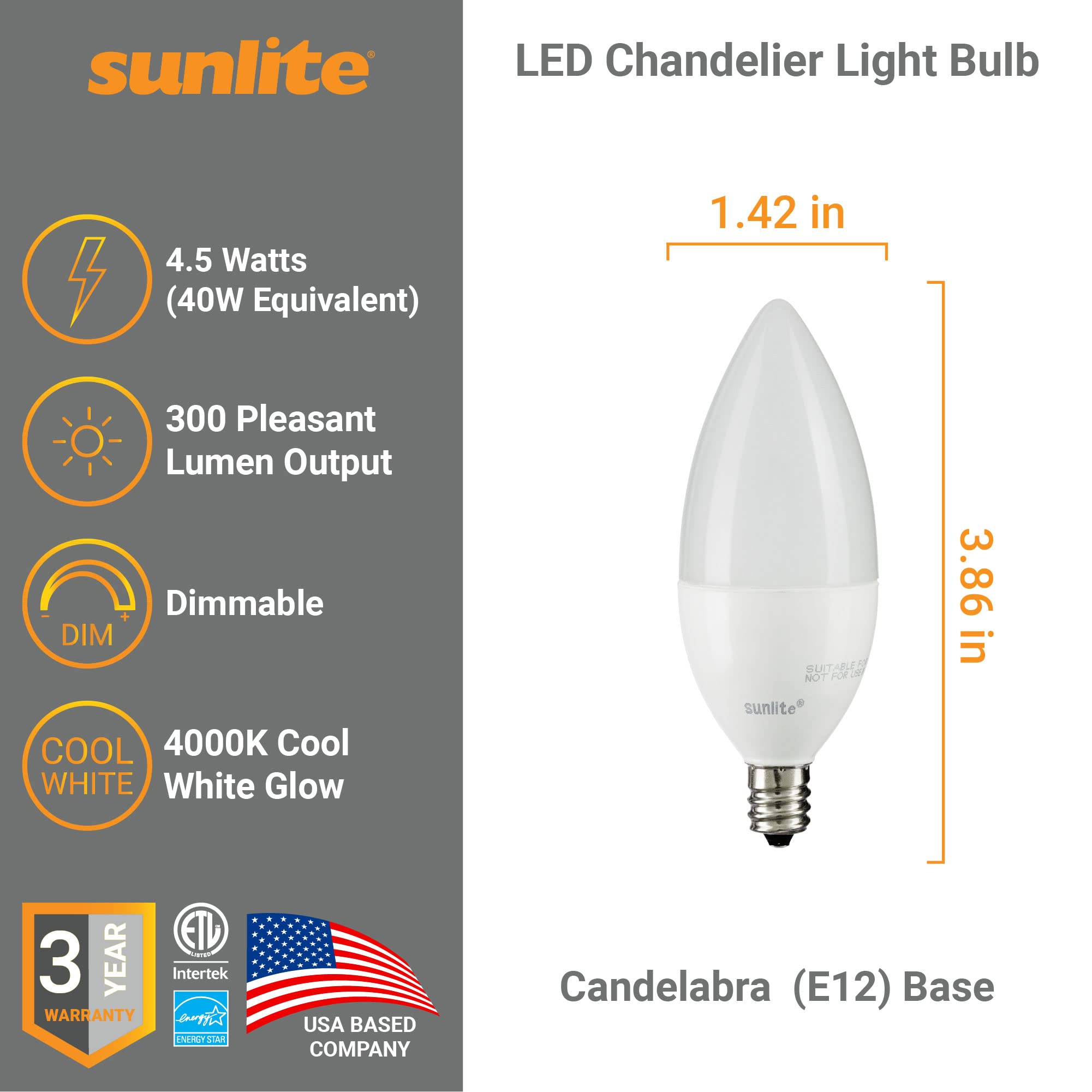 Sunlite 80775 LED B11 Clear Torpedo Tip Chandelier Light Bulb, 4.5 Watts (40W Equivalent) 300 Lumens, Candelabra E12 Base, Dimmable Energy Star and ETL Certified, 4000K Cool White, 1 Count