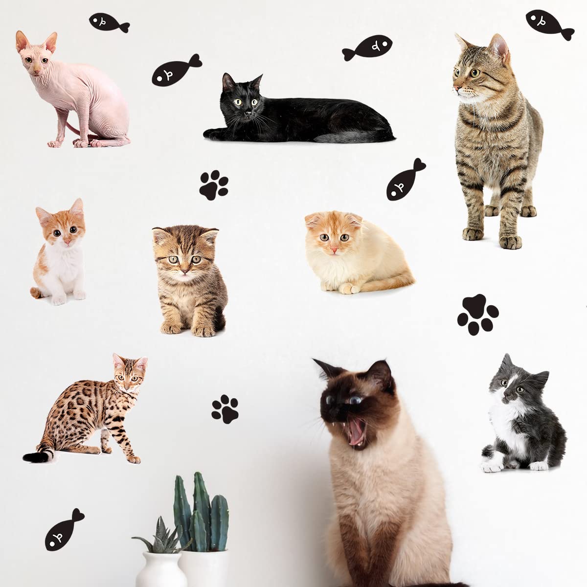 WOYINIS 3D Lovely Kitty Wall Decals Kitten Stickers DIY Removable Fish Cat Paws Wall Stickers Peel and Stick Kitten Wall Decals for Girls Bedroom Playroom Nursery Wall Decor