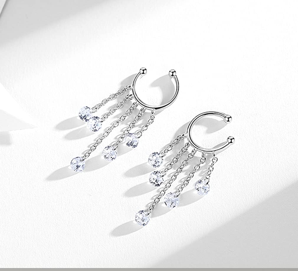 SLUYNZ 925 Sterling Silver Cuff Earrings Droplet Tassel Chain for Women No Piercing Cartilage Earrings Wrap (A-Silver)