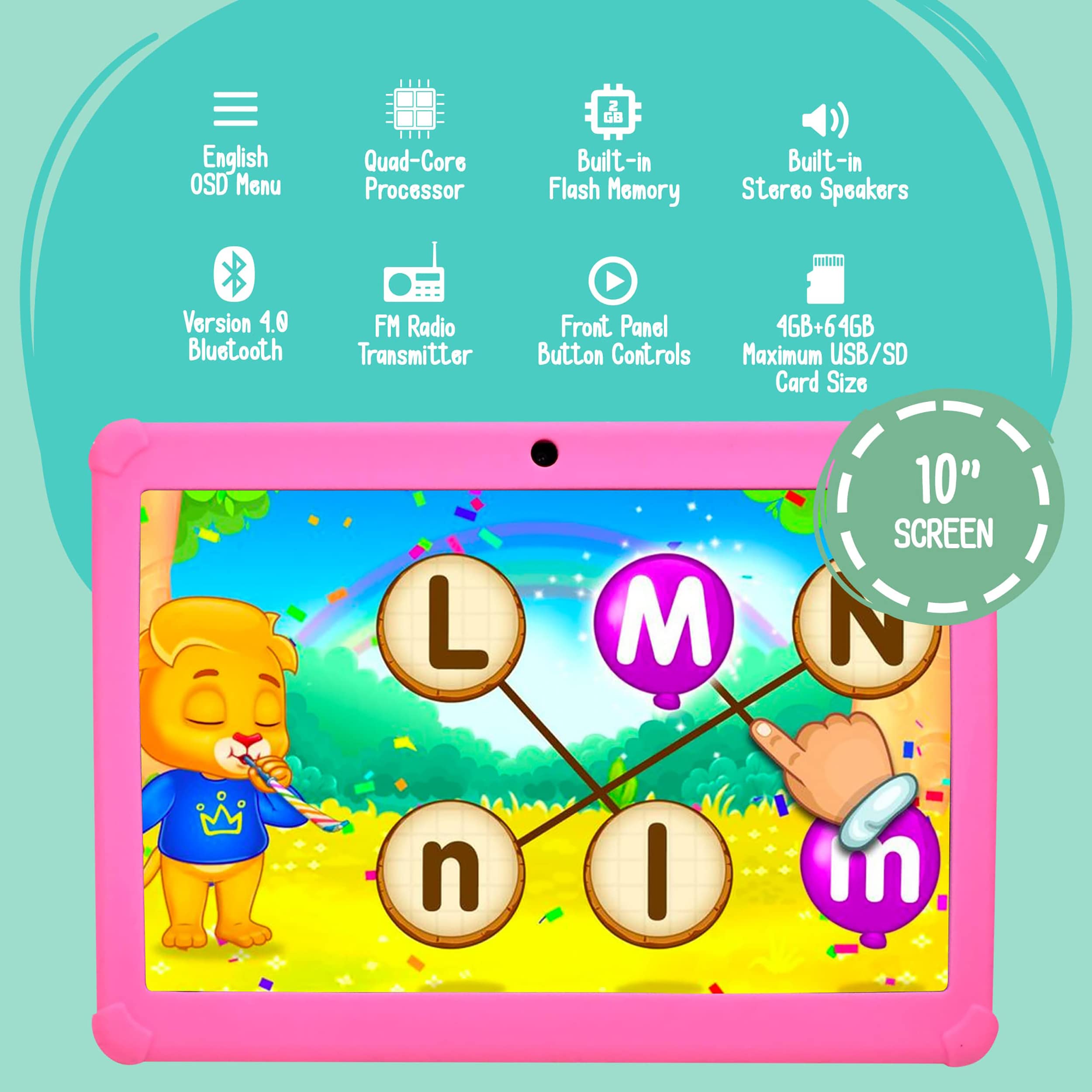 Pyle 10.1-Inch Android Tablet w/ 1080p HD Display, Dual Camera, WiFi Compatibility, Quad-Core Processor,10.1β Kids Tablet w/Stylus Pen 1GB RAM, 8GB Storage, Kid-Proof Cover (Pink)
