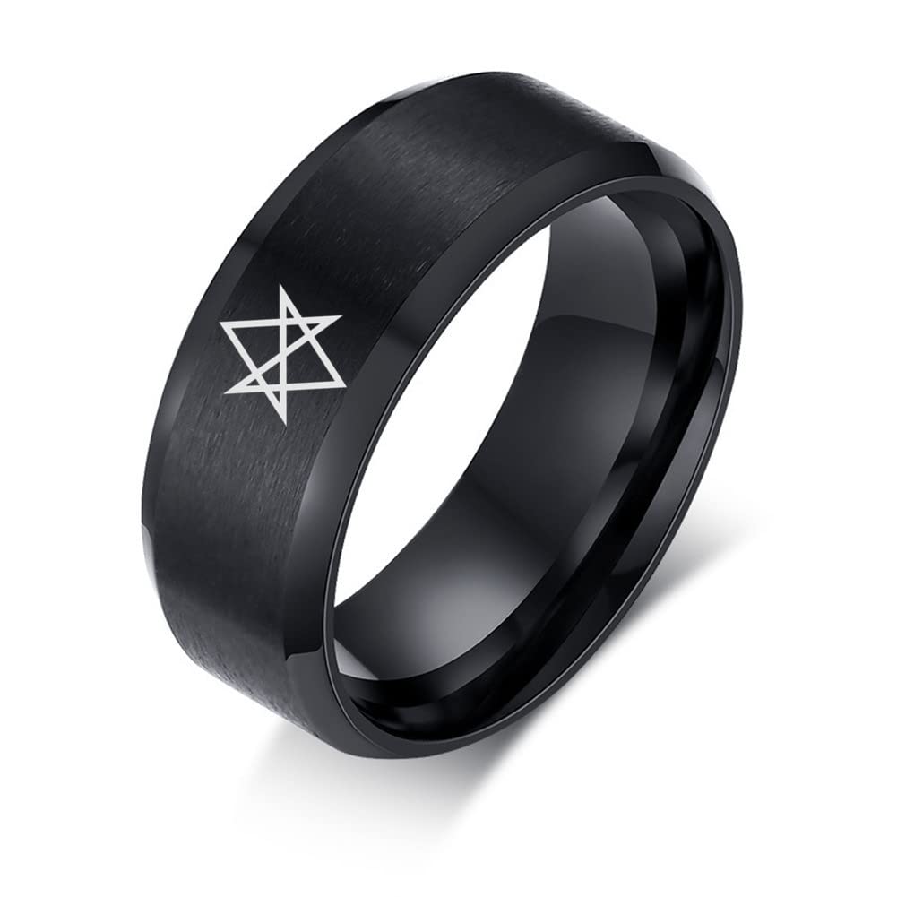 Unicursal Hexagram Ring - Black Thelema Pentagram Matte Finger Ring Stainless Steel Thumb Band for Men Women Pagan Talisman Amulet Jewelry, Size 10