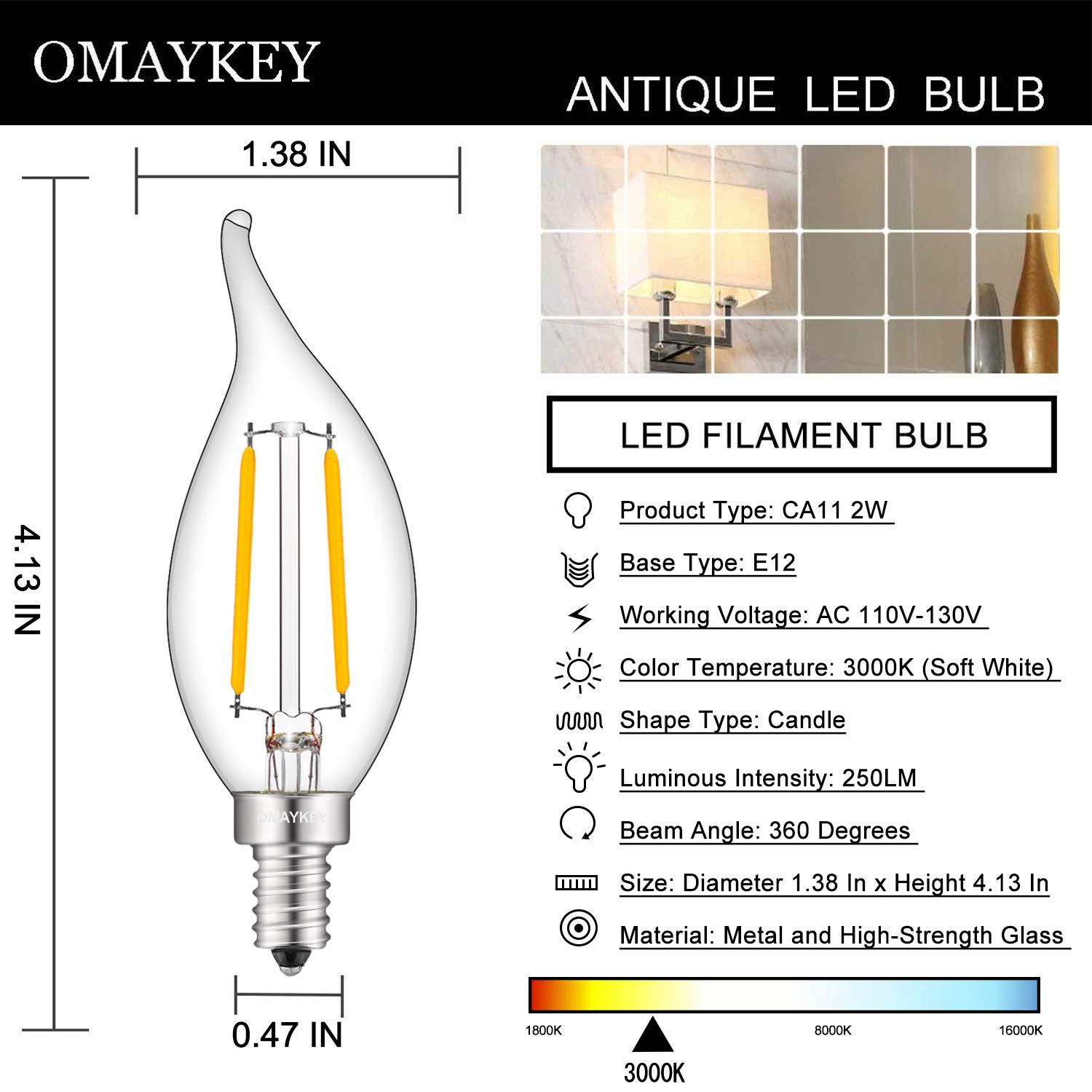 OMAYKEY 2W LED Candelabra Bulb 25W Equivalent 3000K Soft White 250LM, E12 Base LED Chandelier Light Bulbs, Vintage Edison Clear Glass CA11 Candle Flame Tip, Non-dimmable, Pack of 10