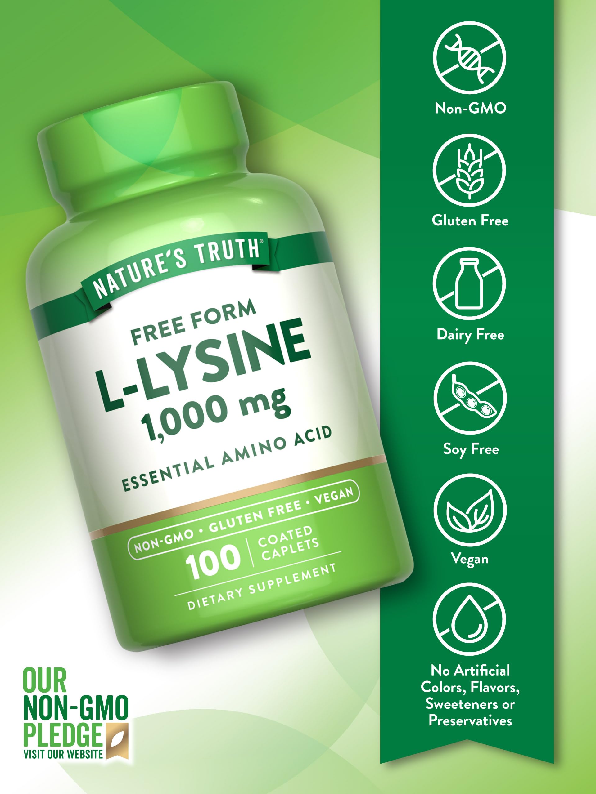 Nature's Truth L Lysine 1000mg | 100 Coated Caplets | Free Form | Vegetarian, Non-GMO, & Gluten Free Supplement