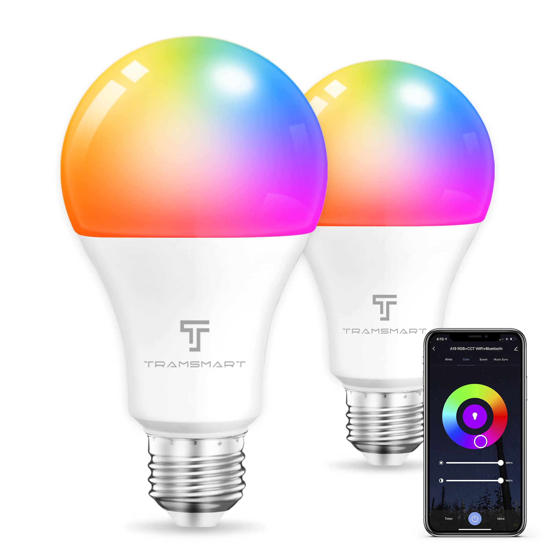 TRAMSMART Smart Light Bulbs, Color Changing Light Bulbs with Music Sync, WiFi&Bluetooth Smart Bulb Works with Alexa&Google Assistant, 80% Energy Saving A19, No Hub Required(2.4GHz, 9W 800LM, 2Pack)