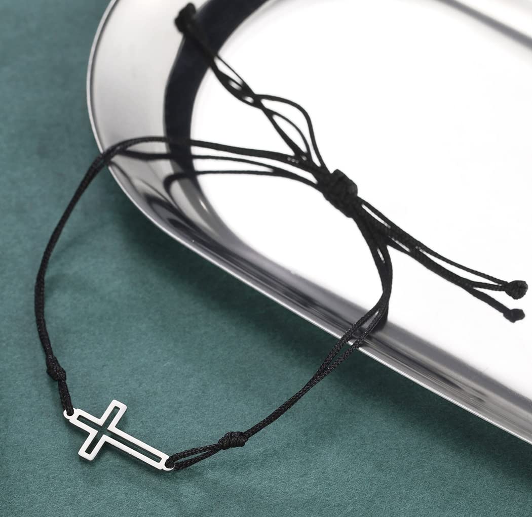 UNIFT Cross Bracelet For Women Men Stainless Steel Hollow Out Cross Adjustable Sideways Double Rope String Bracelet Christian Catholic Jewelry (silver, Stainless Steel)