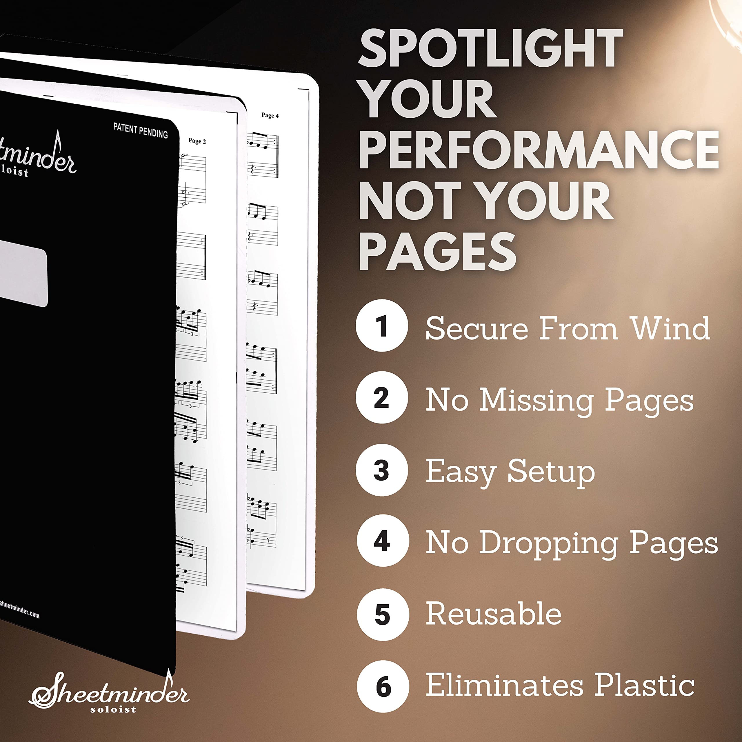 Sheetminder Soloist (5-Pack) - Printed Sheet Music Organizer/No Page Turning, Windproof on Music Stand, No Plastic Sleeves, Easily Mark Fingering/Perfect for Students, Teachers, Bands, Performers