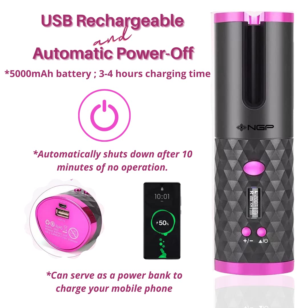 NGP Automatic Hair Curler, Cordless Auto Hair Curler with 6 Temps & Timers & LCD Display, Portable Wireless Hair Curler, Rechargeable, Self-Hair Curling Iron for Lasting Shiny Curls