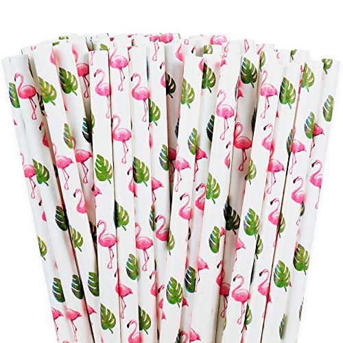 Whaline 100Pcs Summer Paper Straws Flamingo Tropical Leaves Disposable Paper Straws Hawaii Theme Decorative Straws for Summer Party Baby Shower Supplies Juices Shakes Cocktail Decoration
