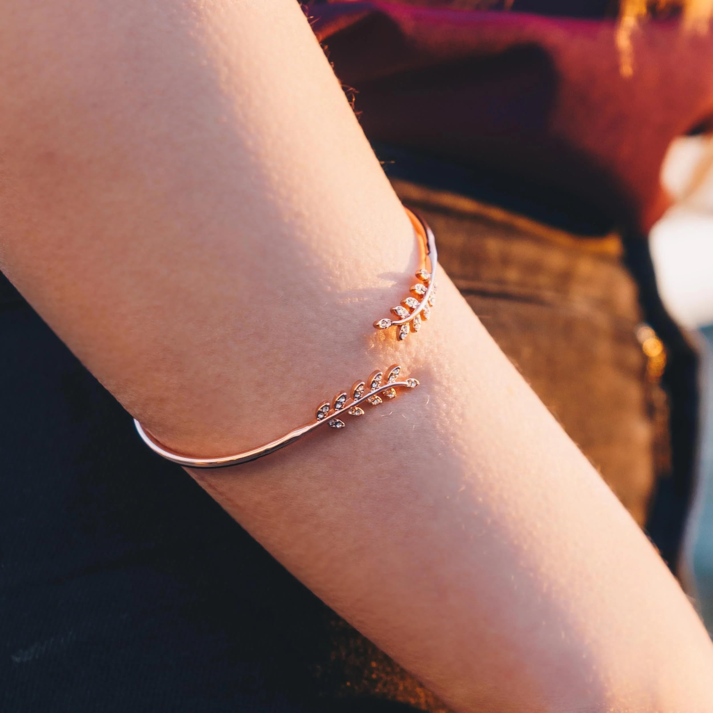 Philip Jones Rose Gold Plated Leaf Bangle Created with Zircondia® Crystals