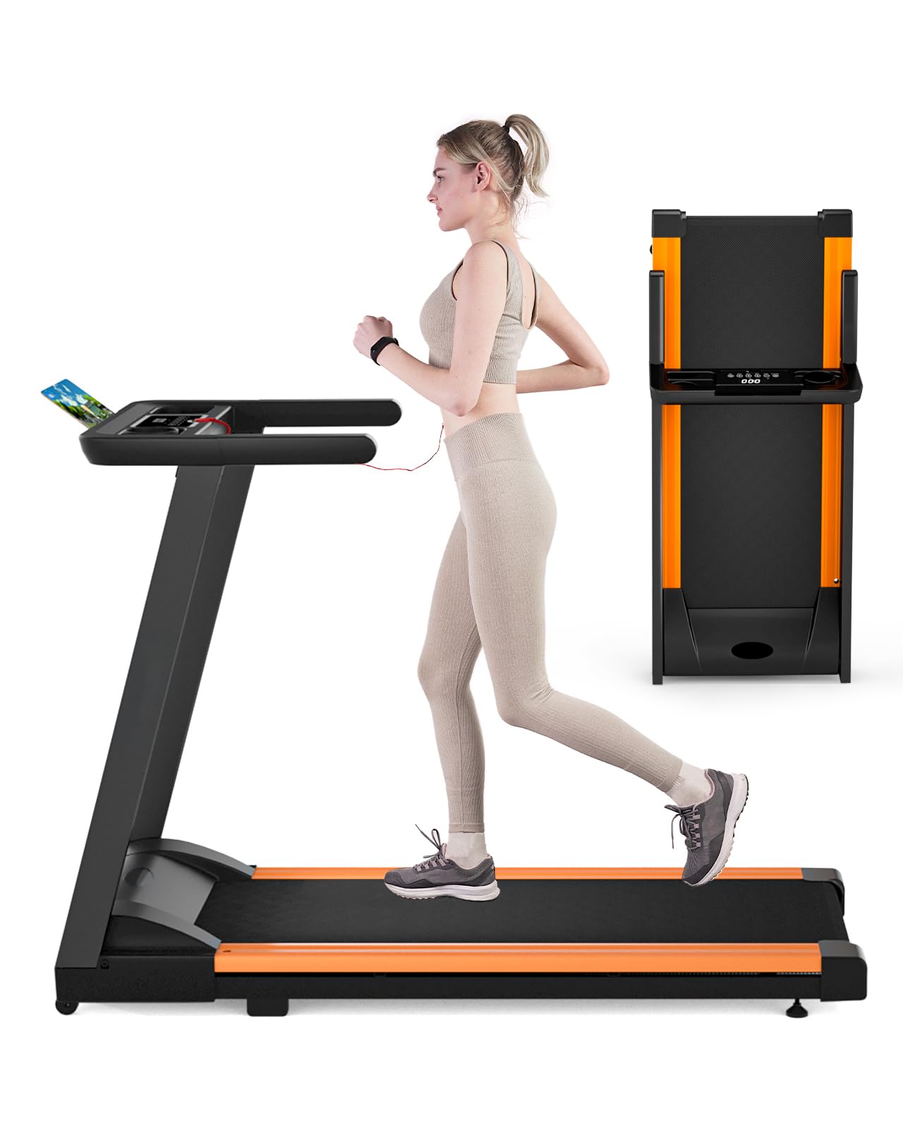SSPHPPLIE Folding Treadmill with APP Smart Band, Portable Treadmill Foldable with 300 lb Capacity, 3.0 HP Compact Treadmill for Small Space, Orange Logo