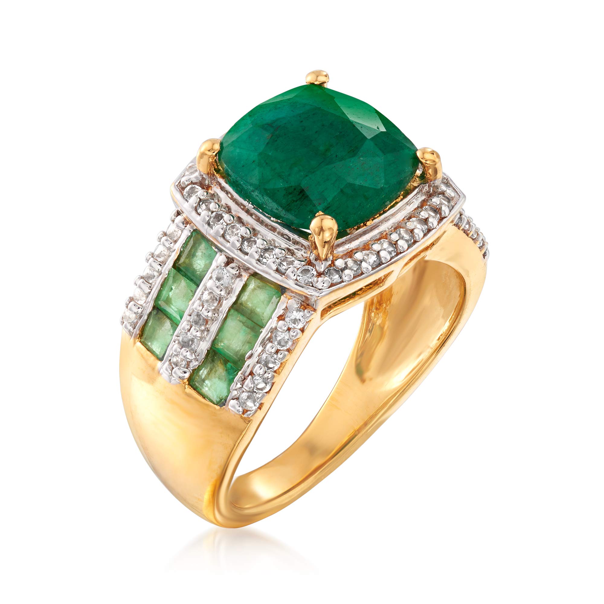 Ross-Simons 3.70 ct. t.w. Emerald and .40 ct. t.w. White Topaz Ring in 18kt Gold Over Sterling. Size 9