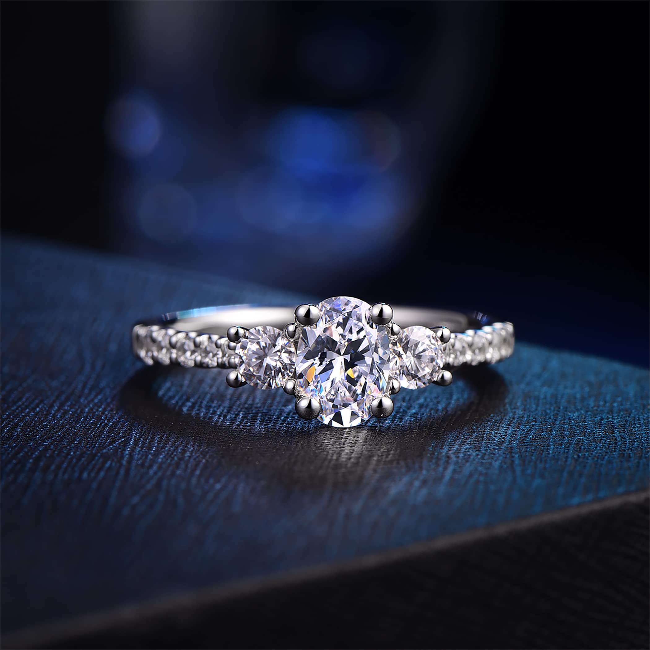 Petite Micropavé Trio 3 Stone 1.5ct Oval Cut D Color VVS Moissanite Engagement Ring Silver Moissanite Rings for Women (5)