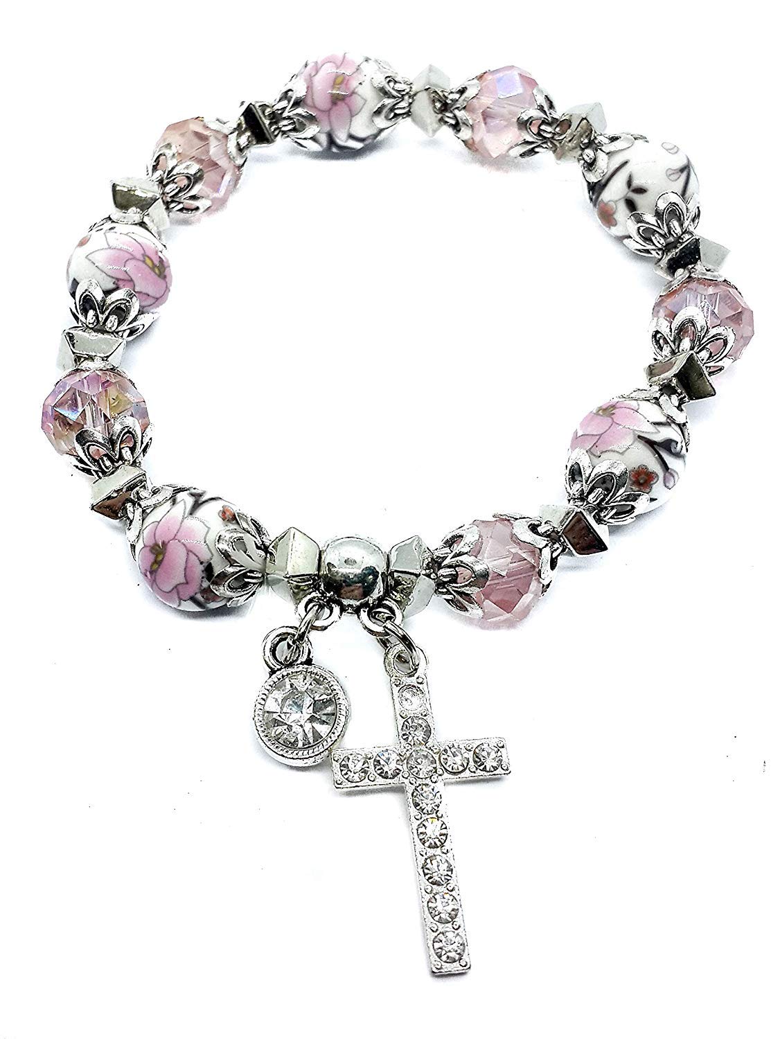 Nazareth Store Religious Cross Bracelet Christian Classic Beaded Bangle with Pink Crystal Beads Sacred Gift for Women & Men