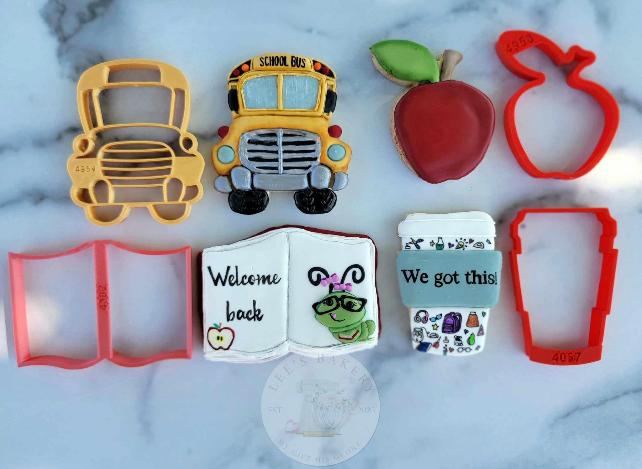 TEACHER COOKIE CUTTERS Education Themed Apple Coffee Latte Mocha Open Textbook Book And School Bus Cookie Cutters For First Day Of School Hundredth Day Teacher Aide Appreciation (4 Pack)