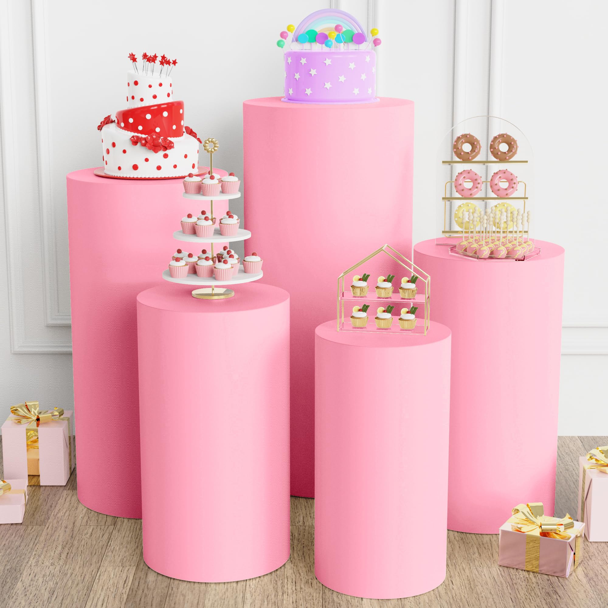 Putros Spandex Cylinder Pedestal Covers Pink Set of 5 Cylinder Plinth Stand Cover for Wedding Props Birthday Party Event Decor