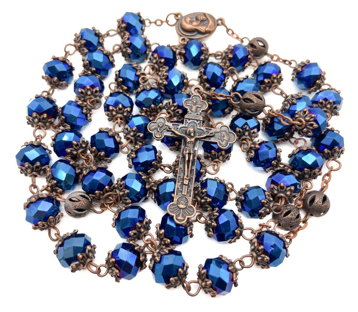 Nazareth Store Men Deep Blue Crystallized Beads Rosary Handmade Prayer Necklace Holy Soil Medal and Cross Crucifix