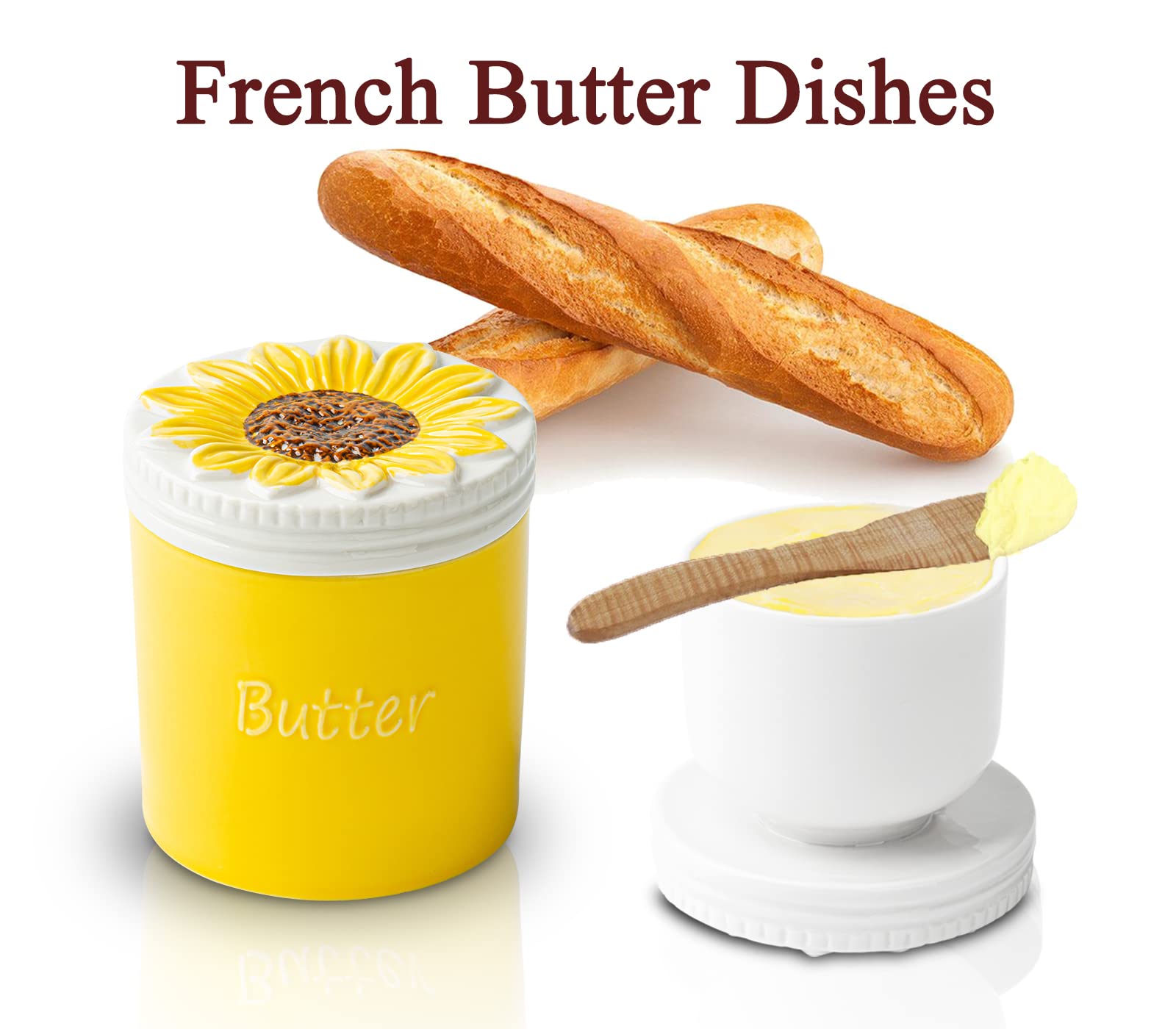 Sunflower Butter Crock Butter Keeper French Butter Dish Ceramic Cup Butter Holder With Water Line Non-Slip Design