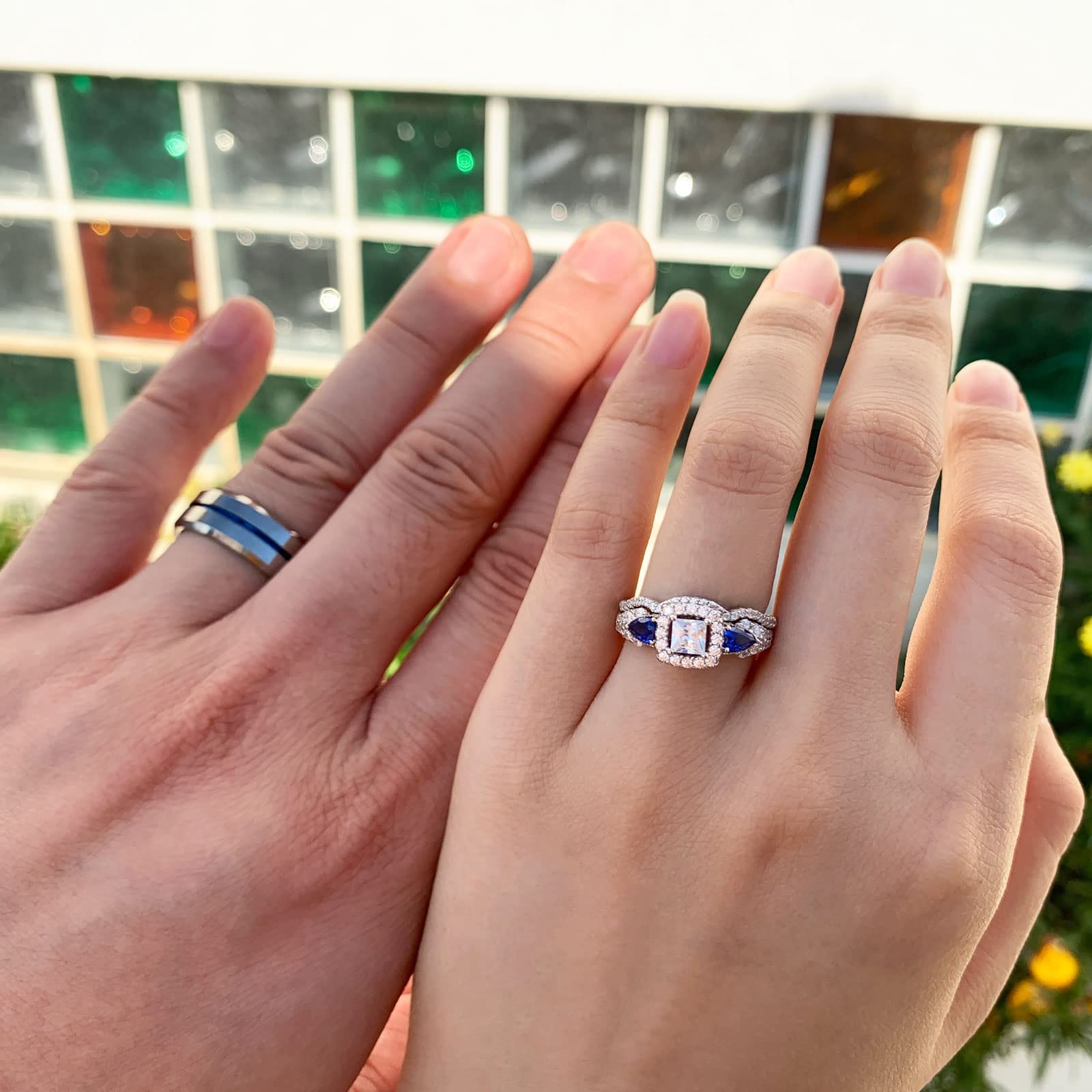 SHELOVES Wedding Rings Set for Couple Womens Cz Sterling Silver Mens Blue Tungsten Bands Him and Her 8+9