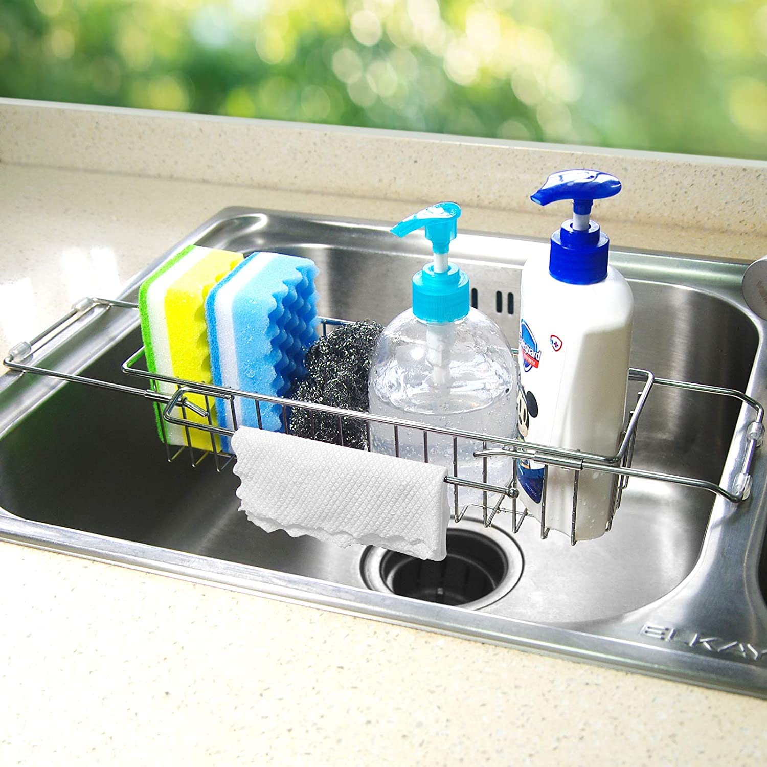 Telescopic Kitchen Sink Organizer Rack, Collapsible Stainless Steel Sink Caddy Drainer with Towel Drying Rack, Sink Basket with Dishcloth Hanger, Soap and Sponge Holder