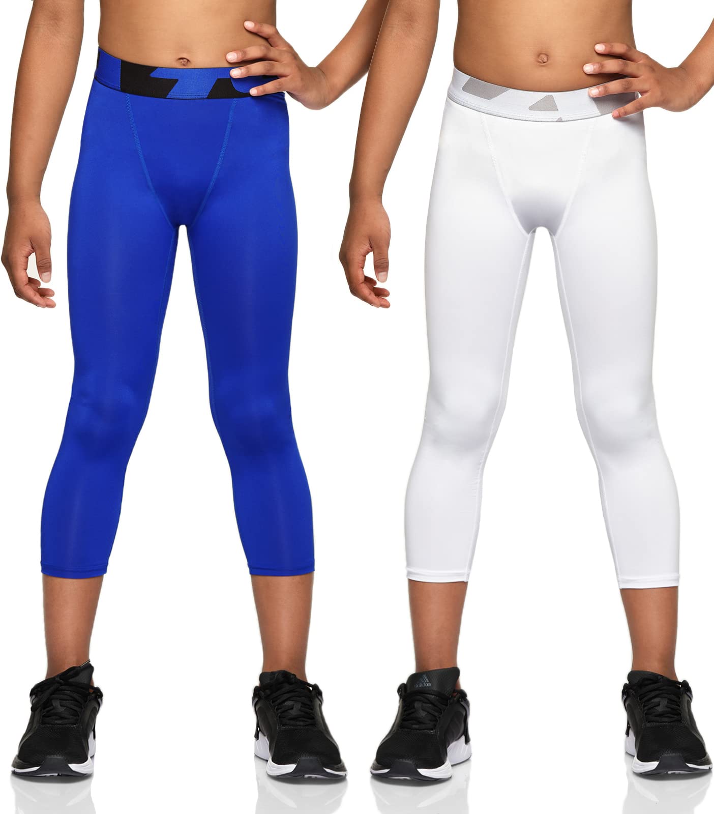 TSLA Boys Youth UPF 50+ Compression Pants Baselayer, Cool Dry Running Tights, 4-Way Stretch Workout Leggings, Capri 2Pack White/Blue, 12
