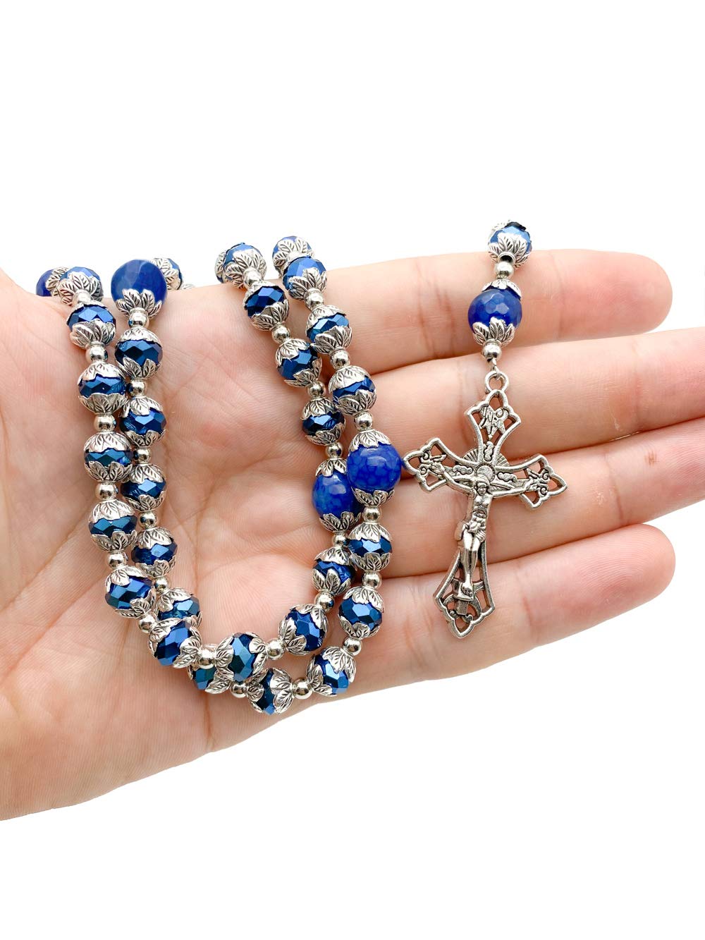 Nazareth Store Deep Blue Crystal Beads Rosary Blue Agate Glory Stone Beaded Necklace Miraculous Medal & Cross Crucifix Religious Rosaries Collection