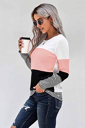 SMENG Womens Long Sleeve Tops Fashion Fall Clothes 2024 Pink Shirts for Women Waffle Knit Cute Casual Striped Patchwork Blouses Pink L