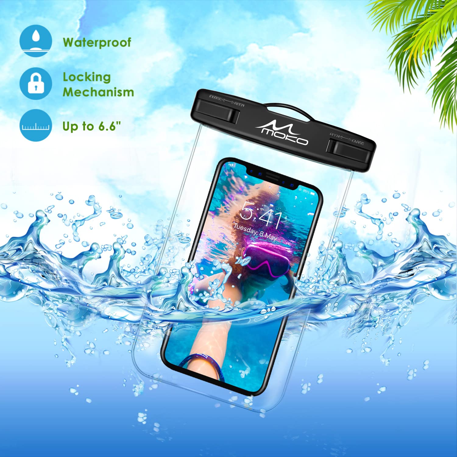 MoKo Waterproof Phone Pouch 4Pack, Underwater Phone Case Dry Bag with Lanyard Compatible with iPhone 14 13 12 11 Pro Max X/Xr/Xs Max/SE 3, Galaxy S21/S10/S9, Note 10/9/8, Black+Magenta+Blue+Purple