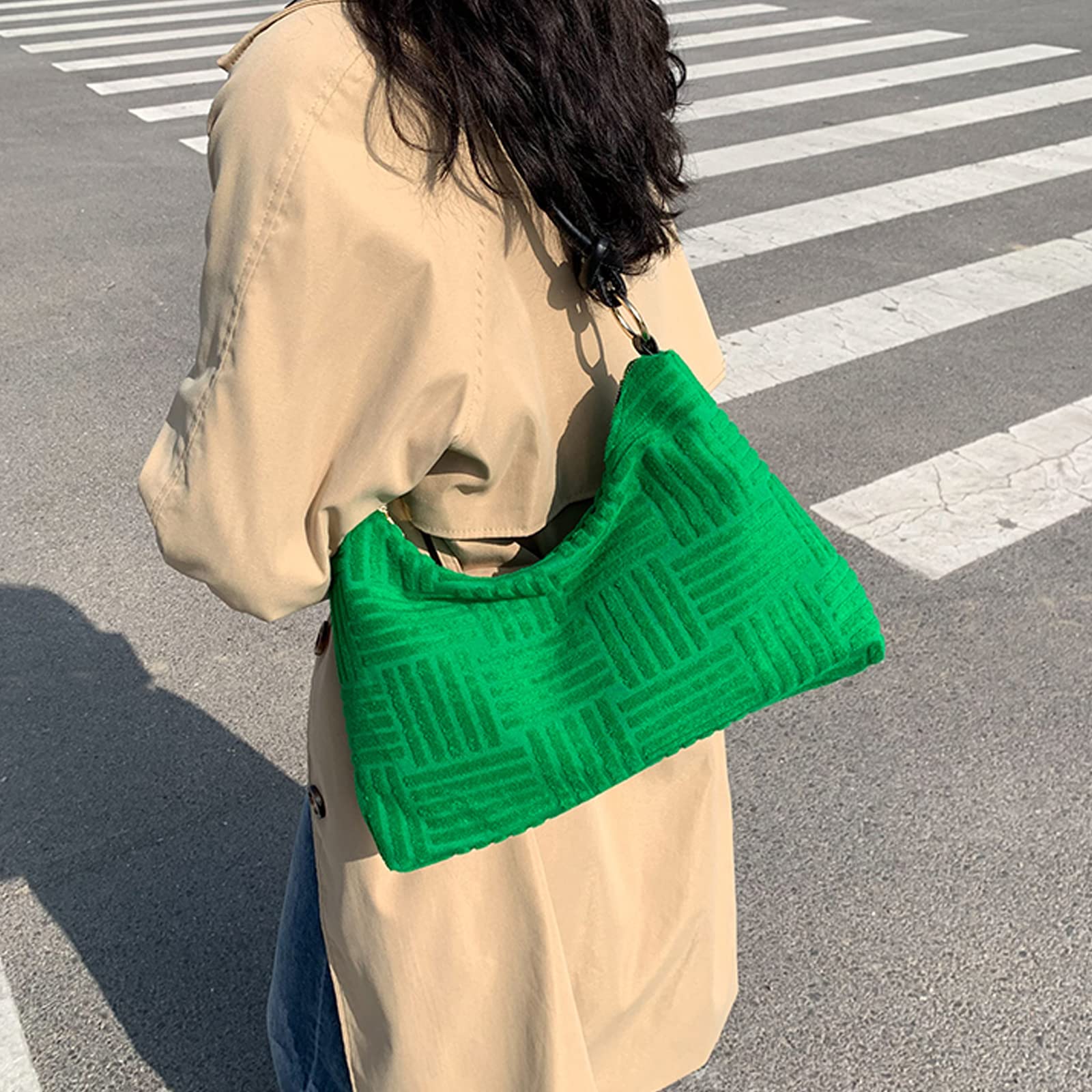St Patricks Day clutch purse for women shoulder bag Jacquard flannel fabric Hobo handbag with zipper closure (velvet pile Grreen2)