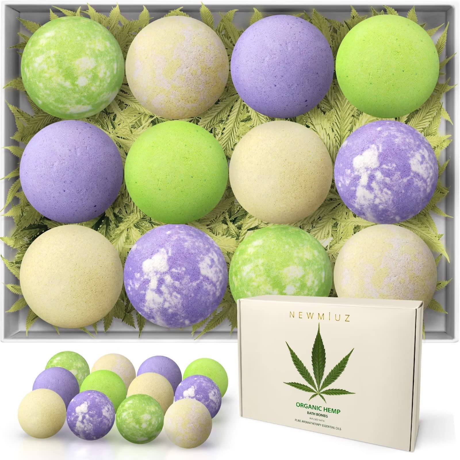 MU Home Organic Bath Bombs Gift Set Large Hemp Bubble Spa Fizzies with Shea Butter, Hemp and Essential Oils (Herbal, 12)