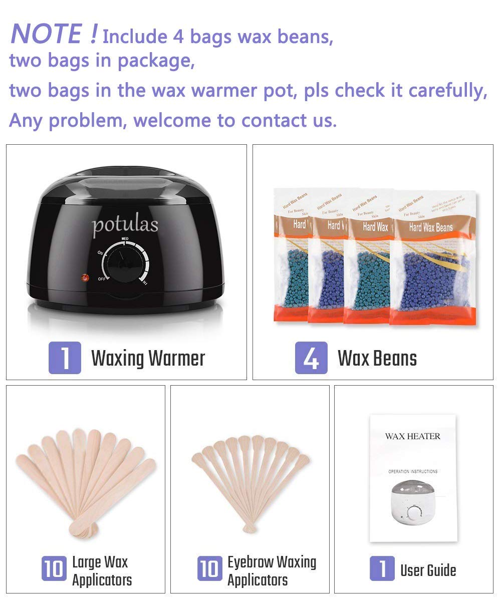 Potulas Home Waxing Kit for Hair Removal, Women Wax Warmer with 4 Hard Wax Beans (14.1 oz) 20 Wax Applicator Sticks for Body, Eyebrows, Face, Bikini