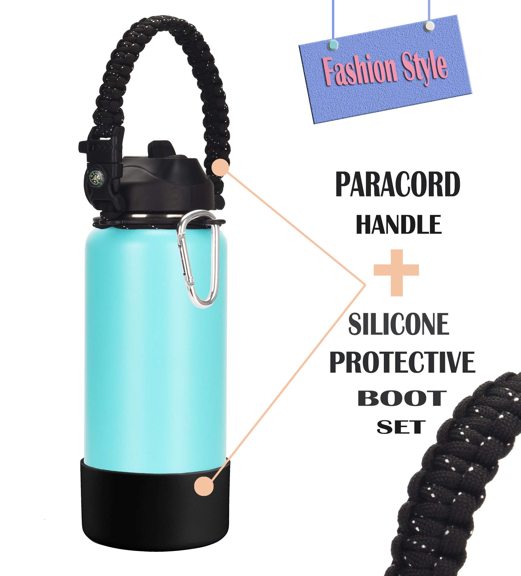 Paracord Handle Strap and Boot for Hydro Flask Wide Mouth Water Bottles,Durable Carrier with Safety Ring and Carabiner (Black White Spots)/Black, 32oz-40oz