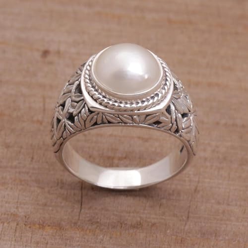 NOVICA Artisan Handmade .925 Sterling Silver Cultured Freshwater Pearl Domed Ring Single Stone White Cocktail Indonesia Leaf Tree Birthstone 'Bamboo Dreams'