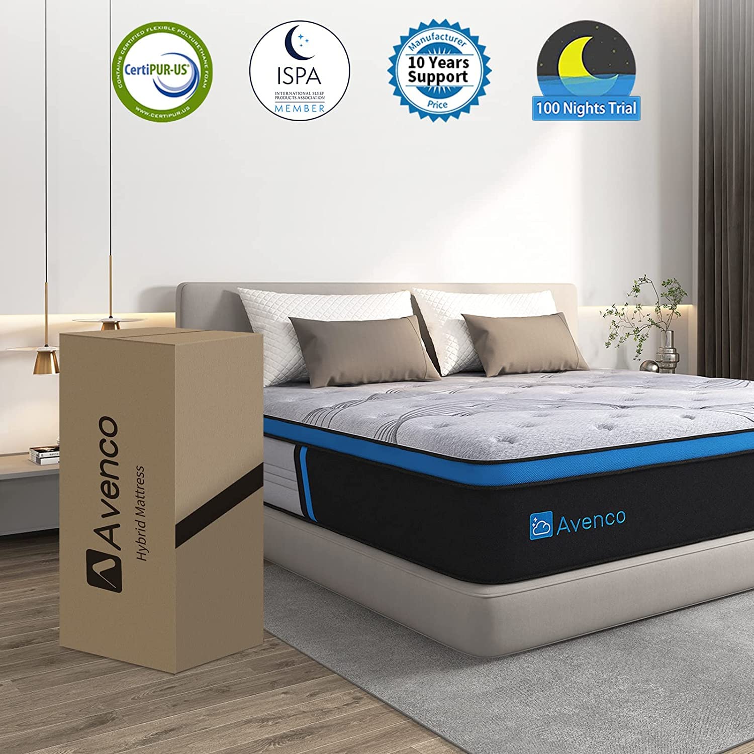 Queen Mattress, Avenco Queen Size Mattress Medium Firm, 12 Inch Hybrid Queen Mattress in a Box, Gel Memory Foam with Pocket Spring for Motion Isolation, Edge Support, CertiPUR-US & ISPA