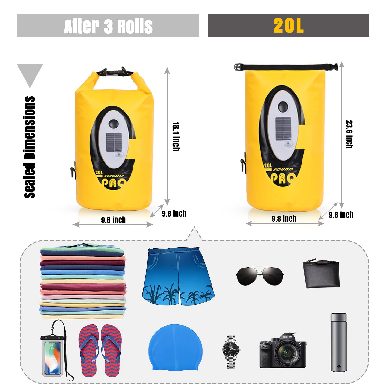 Qoolife Dry Bag Waterproof with Solar Bluetooth Speaker & Light - 20L Roll Top Dry Sack Keeps Gear Dry for Men Women Kayaking, Beach, Rafting, Boating, Hiking, Camping and Fishing (Yellow-BL)