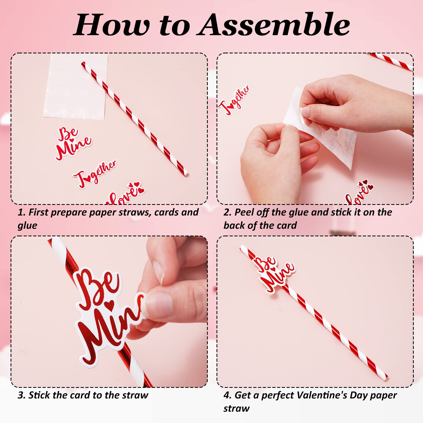 Whaline Valentine's Day Paper Straws 60Pcs Metallic Red Drinking Straws with 60Pcs Foil Red Letter Slices White Stripe Disposable Straws for Beverages Cocktail Wedding Birthday Party Supplies