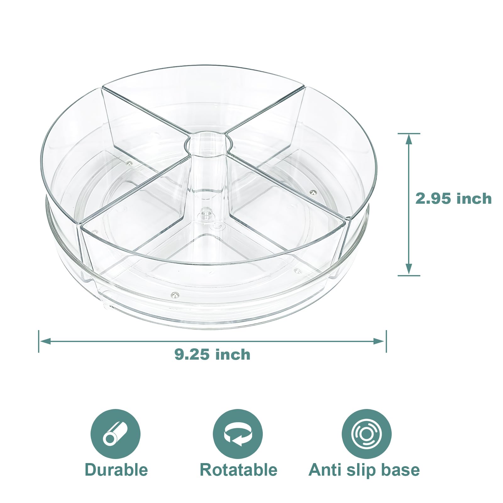 POUYRBA Lazy Susan Organizer with 4 Removable Storage Bins, 9.25Inch Round Plastic Clear Food Storage Container Fruit Snack Spice Can Cosmetics Turntable for Refrigerator Cabinet Pantry Kitchen