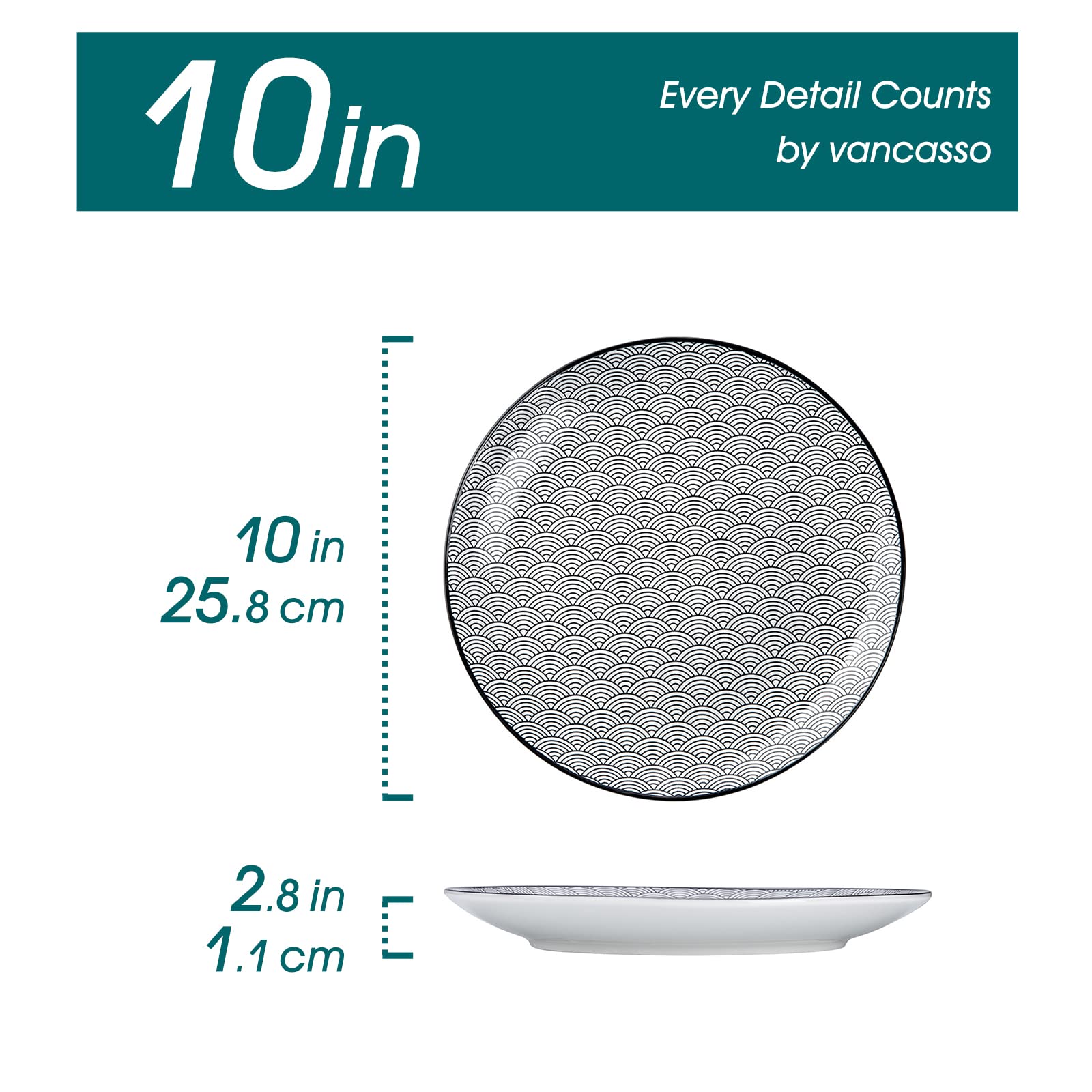 vancasso Haruka Ceramic Dinner Plates 10 Inch, Round Salad Plates Fit Steak Fruit Pasta Pancake, Microwave, Oven, Freezer and Dishwasher Safe, Set of 4, Japanese Plates Black and White