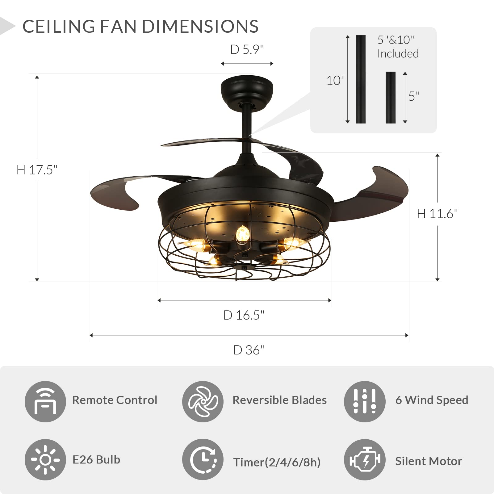 NOXARTE 36 Inch Industrial Ceiling Fan with Lights Remote Control Black Caged Chandelier Reverse Retractable Blades for Living Room Kitchen Island