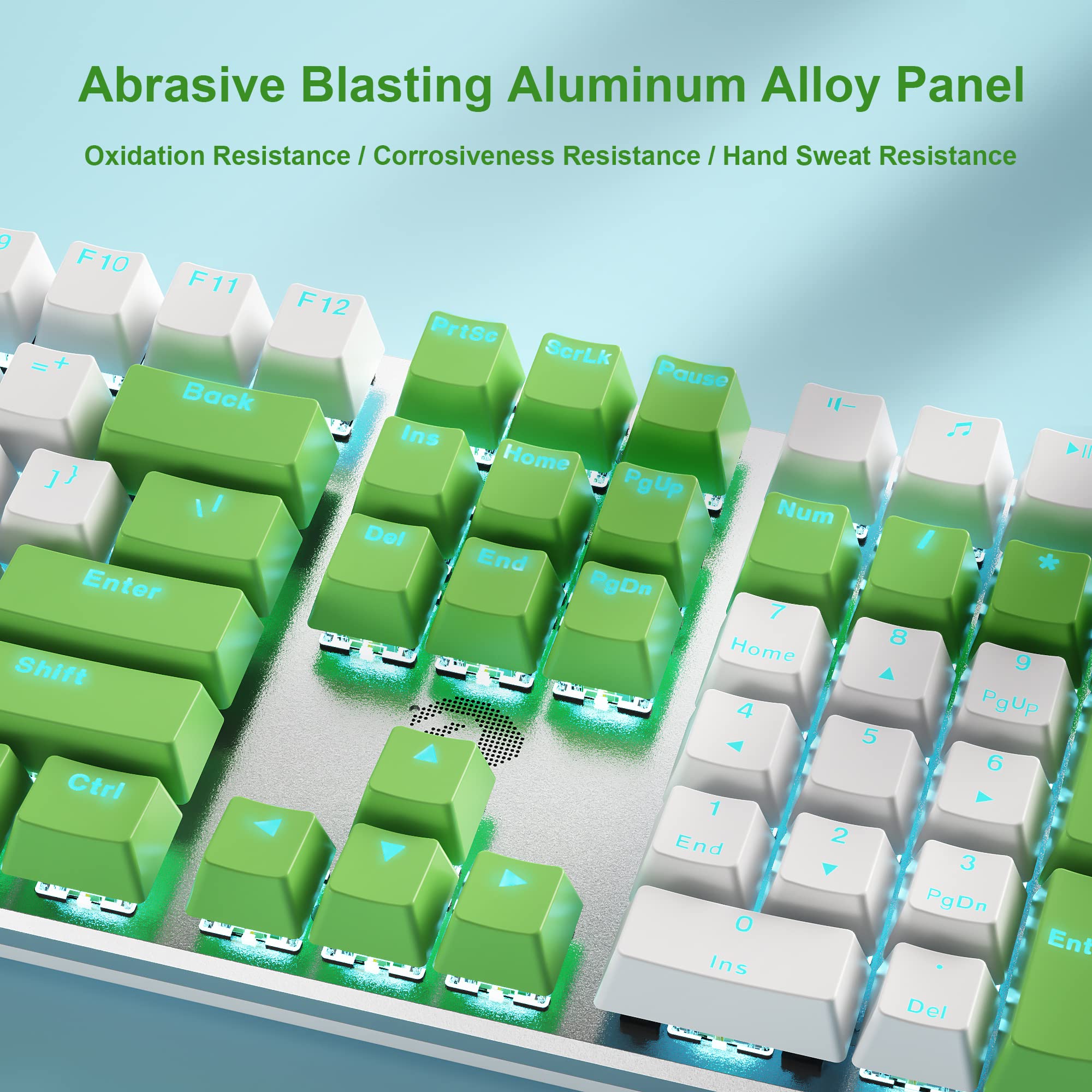 Superbcco Mechanical Gaming Keyboard, LED Backlit Wired Computer Keyboard with Clicky Blue Switches for Windows Gaming PC, 108 Anti-Ghosting Keys, QWERTY, Compact, Aluminum Base for Gamer (Green)