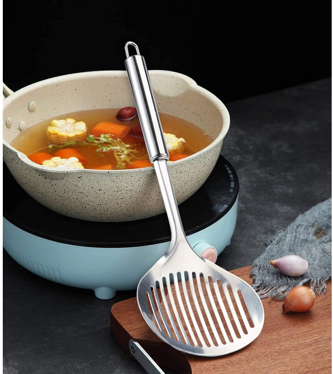 Tenta tenta kitchen Solid Stainless Steel Spider Strainer Skimmer Ladle for Cooking and Frying, Kitchen Utensils Wire Strainer Pasta Strainer Spoon Hot Pot Fat Skimmer Spoon Set of 3