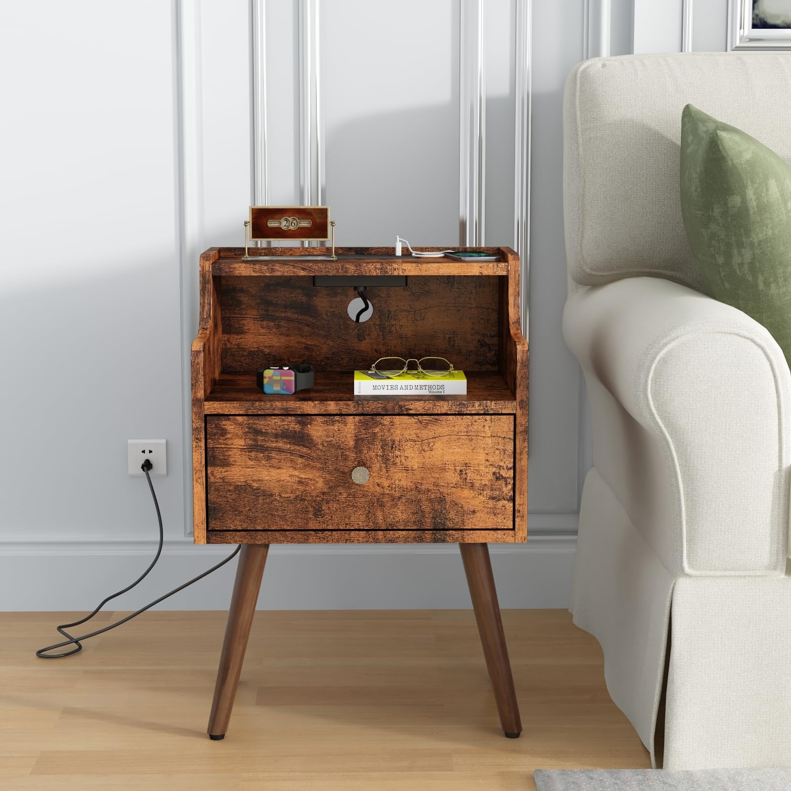 Nightstand with Drawer, Side Table with Charging Station, Mid-Century Modern End Table, 2-Tiers Storage Space Bedside Table with Solid Wood Legs, Black Night Stand for Living Room, Bedroom