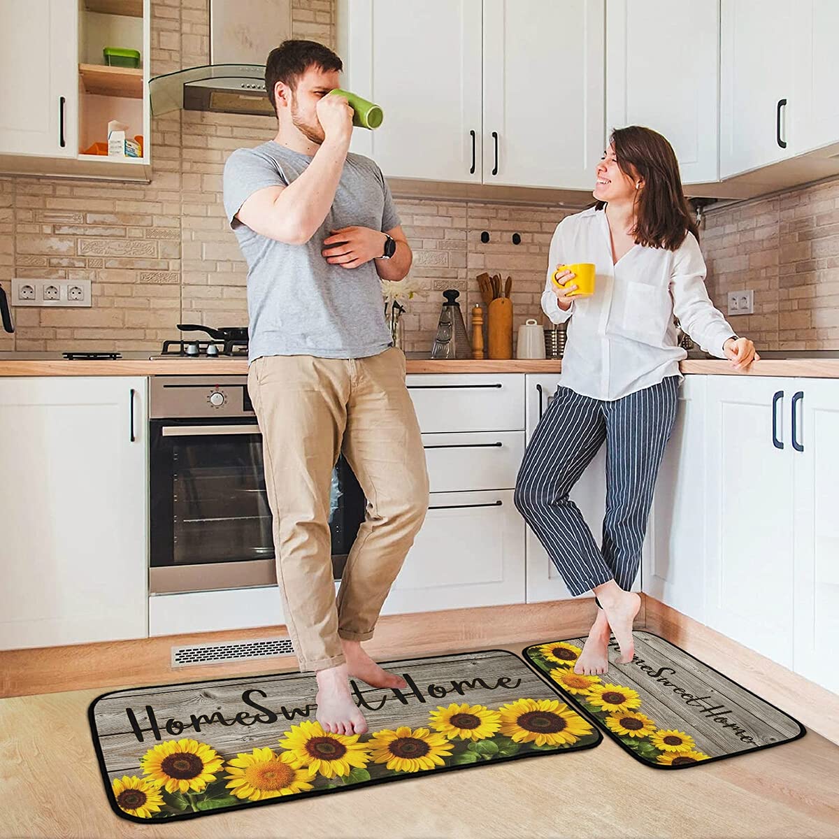Sunflowers Wooden Kitchen Rugs Non-Slip Fall Kitchen Mat for Floor Farmhouse Kitchen Decor Accessories 2 PCS Comfort Foam Rug Doormats Standing Mat